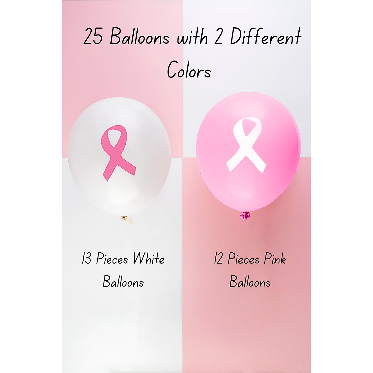 25 Pieces Pink Ribbon Balloon - Breast Cancer Awareness Balloons Set - 10 Inch Size (13 White, 12 Pink Balloons)