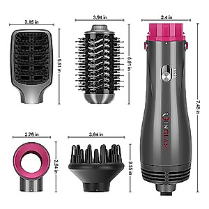 Hair Dryer Brush Set, IG INGLAM 4 in 1 Hot Air Brush, Negative Ion Detachable Hair Dryer & Styler Volumizer Blow Dryer Brush with 2 Styling Brush Heads, Updated Push Switch, Gray
