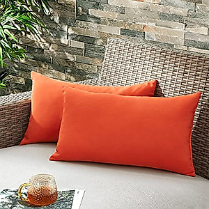 puredown® Outdoor Water Resistant Throw Pillows, Feathers and Down Filled Decorative Pillows for Couch Cushion Garden Bench 12 x 20 Inch, Set of 2, Orange