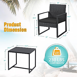 Flamaker 3 Pieces Patio Set Outdoor Wicker Patio Furniture Sets Modern Bistro Set Rattan Chair Conversation Sets with Coffee Table for Yard and Bistro (Black)