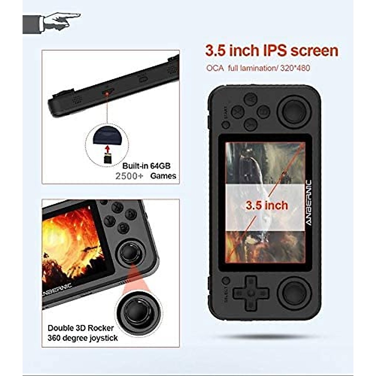 ANBERNIC RG351P Handheld Game Console with 64G TF Card 2500 Classic Games 3.5 Inch IPS Screen 3500mAh Battery, Video Games Player with Open Source System RK3326 Chip Quad-core (RG351P Black)