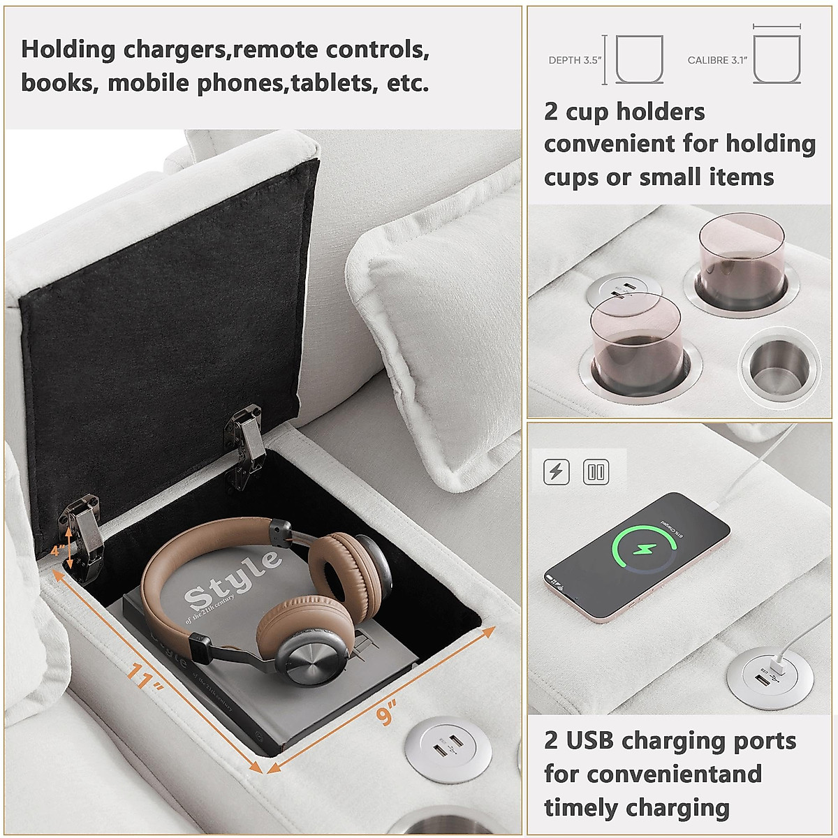 mikibama Luxury Modern 123'' U Shaped Sofa for Living Room, 4 Seater Comfy Cloud Couch Sleeper, Upholstered Sectional Couch Set with Console, Cup Holders & USB Ports, Chenille, White