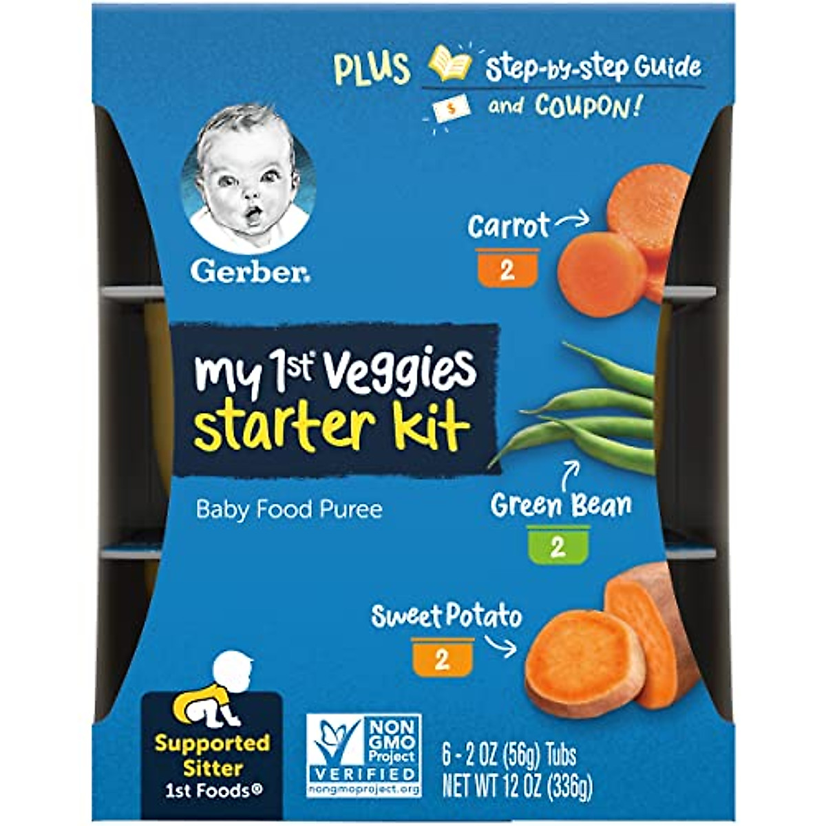 Gerber 1st Foods My First Veggies Starter Kit, 2 Carrot, 2 Green Bean, 2 Sweet Potato, Non-GMO Baby Food Puree Tubs, 6 CT Baby Food Tubs Per Pack (Pack of 4)