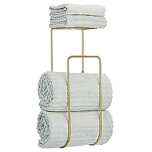 mDesign Bathroom Towel Holder and Organizer with Storage Shelf - Modern Metal Wall Mount Towel Rack - Towel Holder Rack for Bathroom with Shelf for Accessories - Concerto Collection - Soft Brass