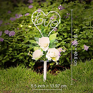 Joyathome 16 Inch Solar Heart Garden Stake Lights with 3 Artificial Flowers Metal Garden Art for Patio Lawn Garden Decor Solar Outdoor Love Sign for Gravesites Memorial and Ideal Gifts for Loved Ones