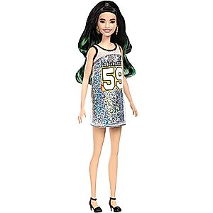 Barbie Fashionistas Doll with Green Streaks in Long Brunette Hair, Wearing Glittery Tank Dress and Accessories, for 3 to 7 Year Olds