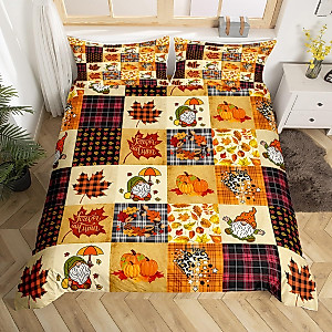 Fall Bedding Set Thanksgiving Day Gifts Duvet Cover for Boys Girls Women Autumn Harvest Comforter Cover Happy Fall Y'All Fall Season Bedspread Cover Geometry Grid Patchwork Bedding Queen Size