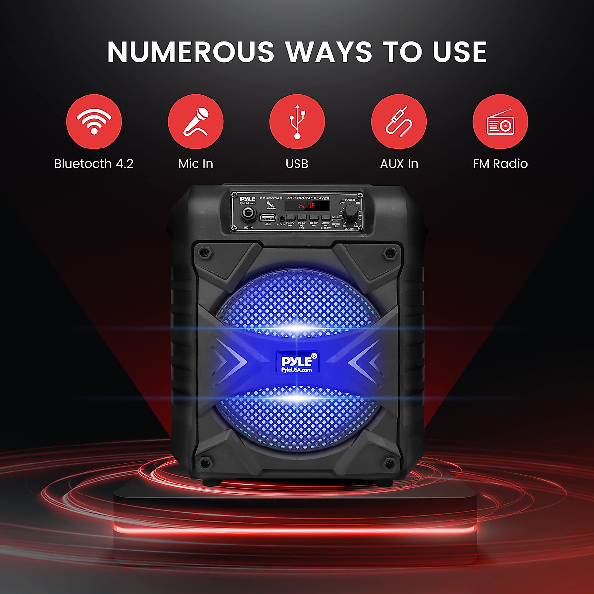 Pyle Portable Bluetooth PA Speaker System - 300W Rechargeable Indoor/Outdoor Bluetooth Speaker Portable PA System w/ 8” Subwoofer, AUX, Microphone in, Party Lights, MP3/USB, Radio, Remote PPHP854B