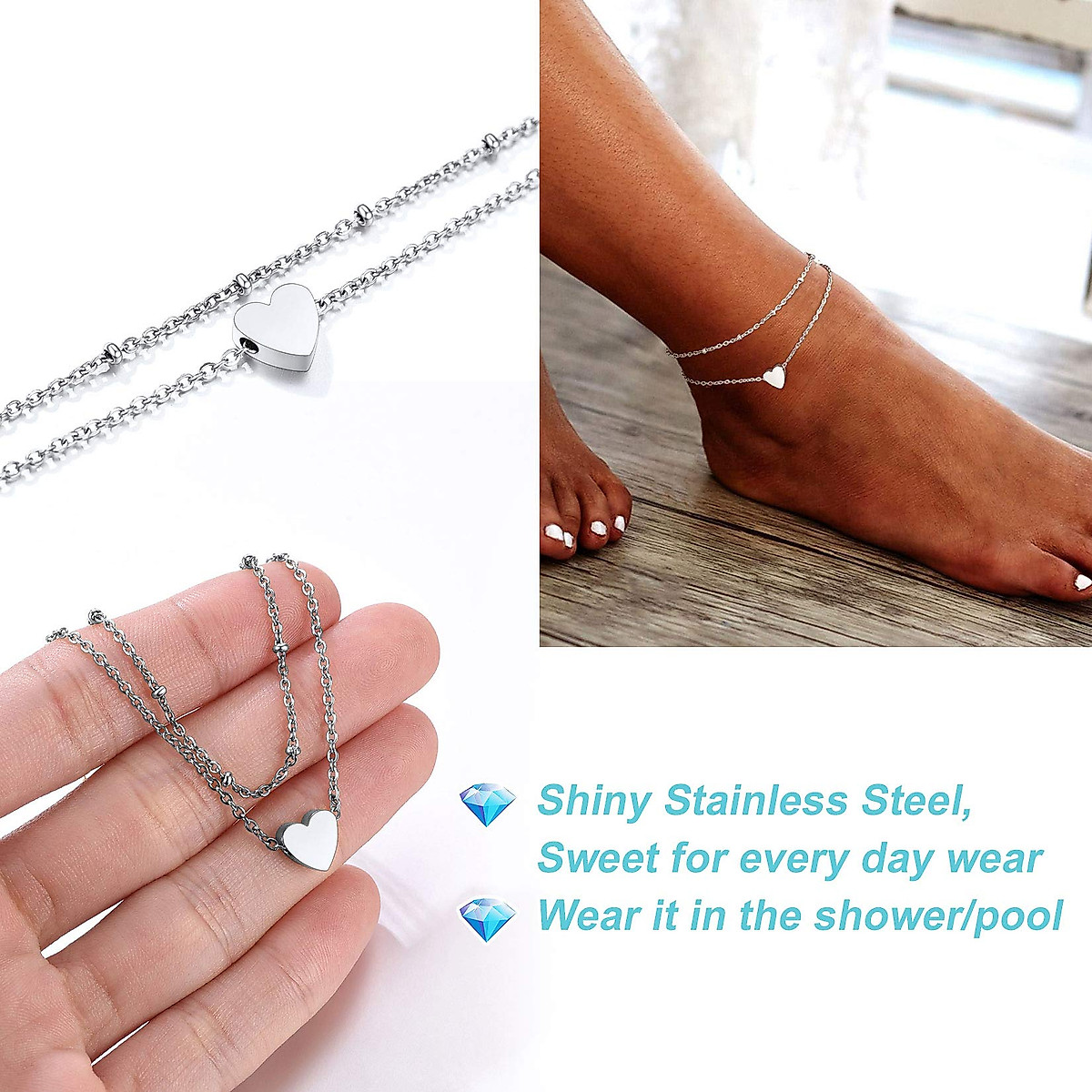 Ankle Chains for Women Stainless Steel Heart Anklet Sterling Silver Color Layered Anklets