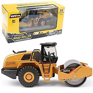 Gemini&Genius Road Roller Toy for Kids, Heavy Duty Construction Vehicle Toys 1-50 Scale Alloy Road Truck, Engineering Car Toy Collection, Display and Play for Kids (Brown)