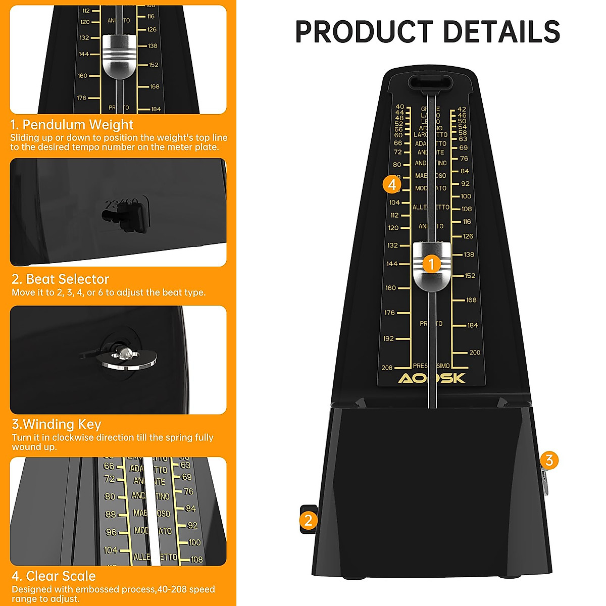AODSK Mechanical Metronome Black Universal Metronome for Piano Guitar Violin Drums and Other Instruments Standard Loud Sound