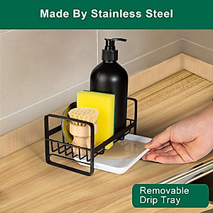 TEZZ Sponge Holder for Kitchen Sink- Stainless Steel Kitchen Sink Caddy for Organizing Sponge, Brush & Soap Dish Dispenser, Kitchen Sink Organizer Rack with adhesive or Counter top