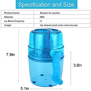 Hand Crank Ice Crusher,Snow Cone Machine Household Mini Portable Ice Shaver with Stainless Steel Blade Manual Ice Crusher for Snow Cone, Slush, Shaved Ice(Blue)