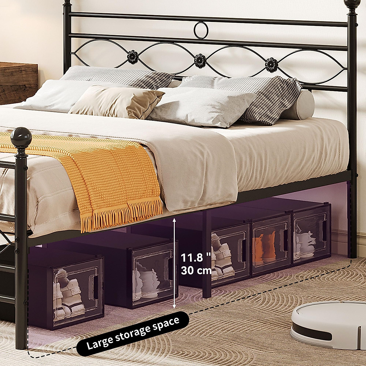 DWVO Queen Size Metal Platform Bed Frame with Headboard and Footboard, 14"H Black Queen Bed Frame with Steel Slat Support, Bedroom Mattress Foundation, No Box Spring Needed, Load Bearing up to 700lbs