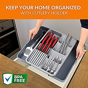 VILIA Expandable Kitchen Drawer Organizer with Knife Holder, Utensil Holder - Adjustable Cutlery Silverware Tray for Drawer, Kitchen Organization, Large Durable Utensil Organizer, Kitchen Storage