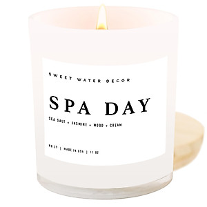 Sweet Water Decor Candles | Spa Scented Soy Wax Candle for Home | 11oz Jar Candle with Wood Lid, 50+ Hour Burn Time, Made in the USA (Spa Day, White - 11 oz)
