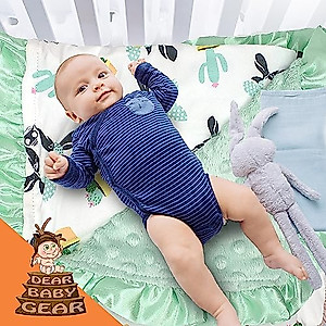 Dear Baby Gear Farm Deluxe Baby Blanket - Reversible, Milestone & Newborn Gifts - Black, White Heifer Cow Mint Green Dot Bandana, Cactus Succulents in Pots, Mint Ruffle, 32x32 Inches