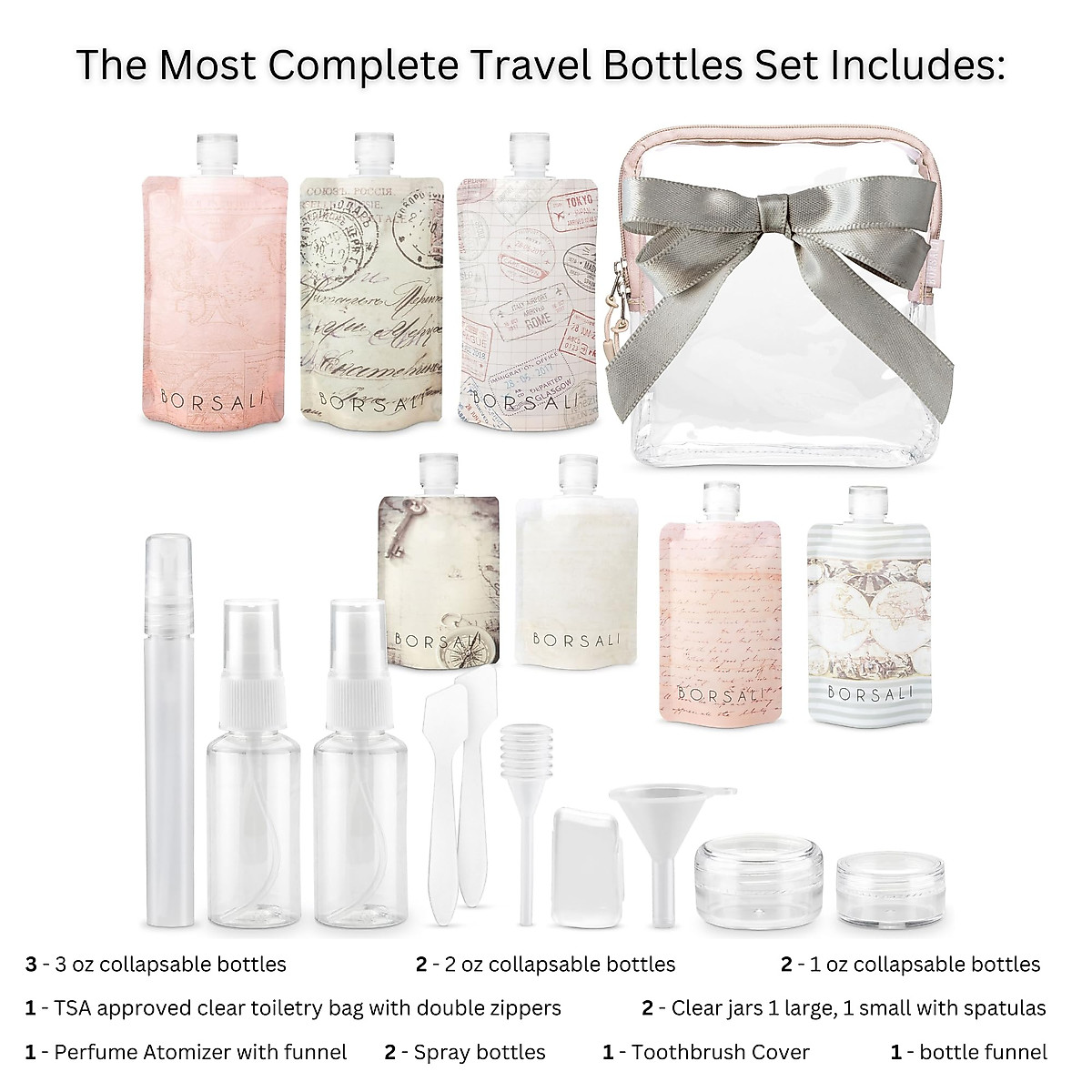 BORSALI Travel Bottles for Toiletries, TSA Approved 3 oz Travel Size Containers for Liquids, Flat Refillable Empty Squeeze Pouches for Shampoo & Conditioner, 18 Piece Set with TSA Approved Bag - Taupe
