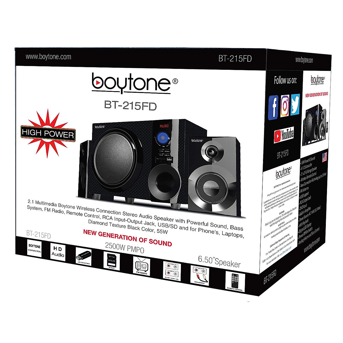 Boytone BT-210FD, Ultra Wireless Bluetooth Main unit, Powerful Sound with Powerful Bass System 30 watt, Excellent Quality Clear Sound & FM radio, with Remote Control Aux Port, SB/SD/ for Smartphone's , Tablets , Desktop Computers , Laptops ,Black Color