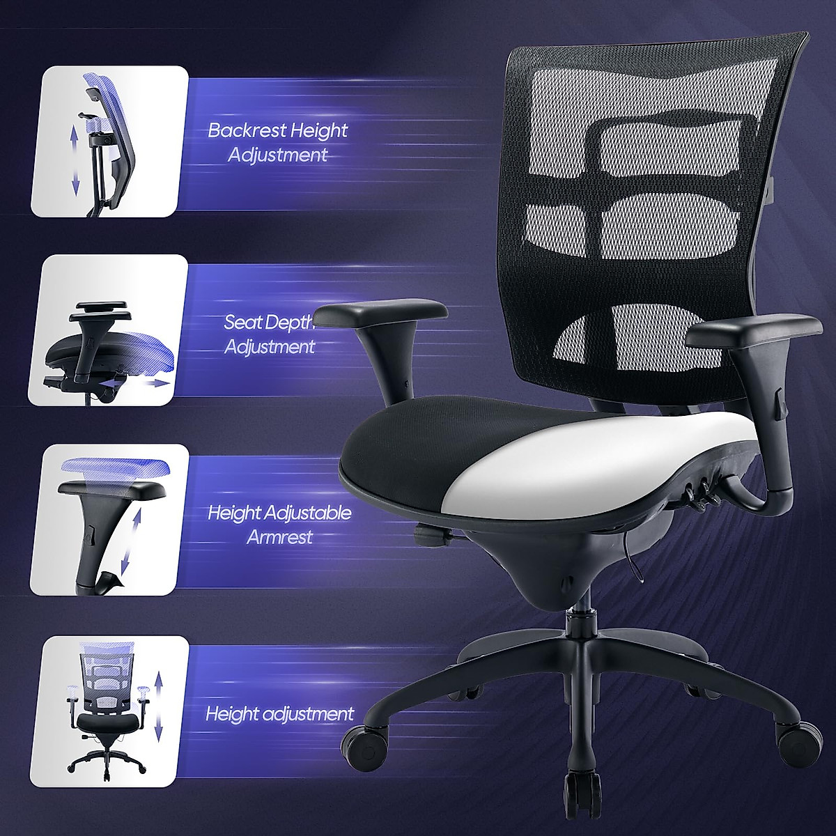 Big and Tall Office Chair 450lbs, Heavy Duty Ergonomic Mesh Chair with Height Adjustable Backrest, Large Office Chair, Arms Sliding Seat，Black
