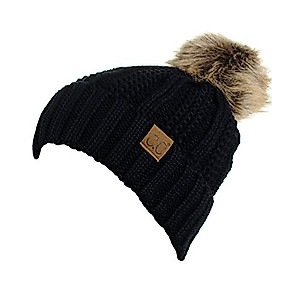 C.C Thick Cable Knit Faux Fuzzy Fur Pom Fleece Lined Skull Cap Cuff Beanie, Black
