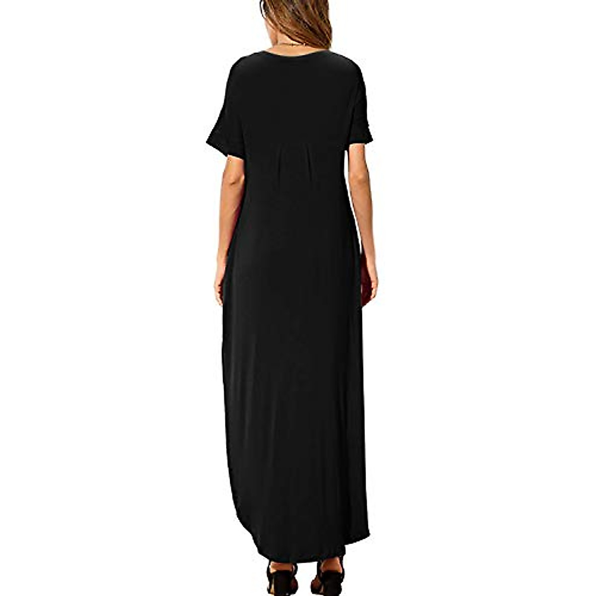 HUSKARY Women's Summer Maxi Dress Casual Loose Pockets Long Dress Short Sleeve Split