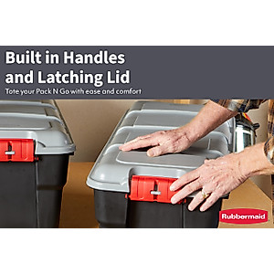 Rubbermaid Pack & Go 16 Gal Storage Tote, Durable Design and Easy to Transport, Built-In Handles, Tie Down Channels and Lockable Snap Tight Lid, Black Base with Gray Lid and Red Handles, Pack of 3