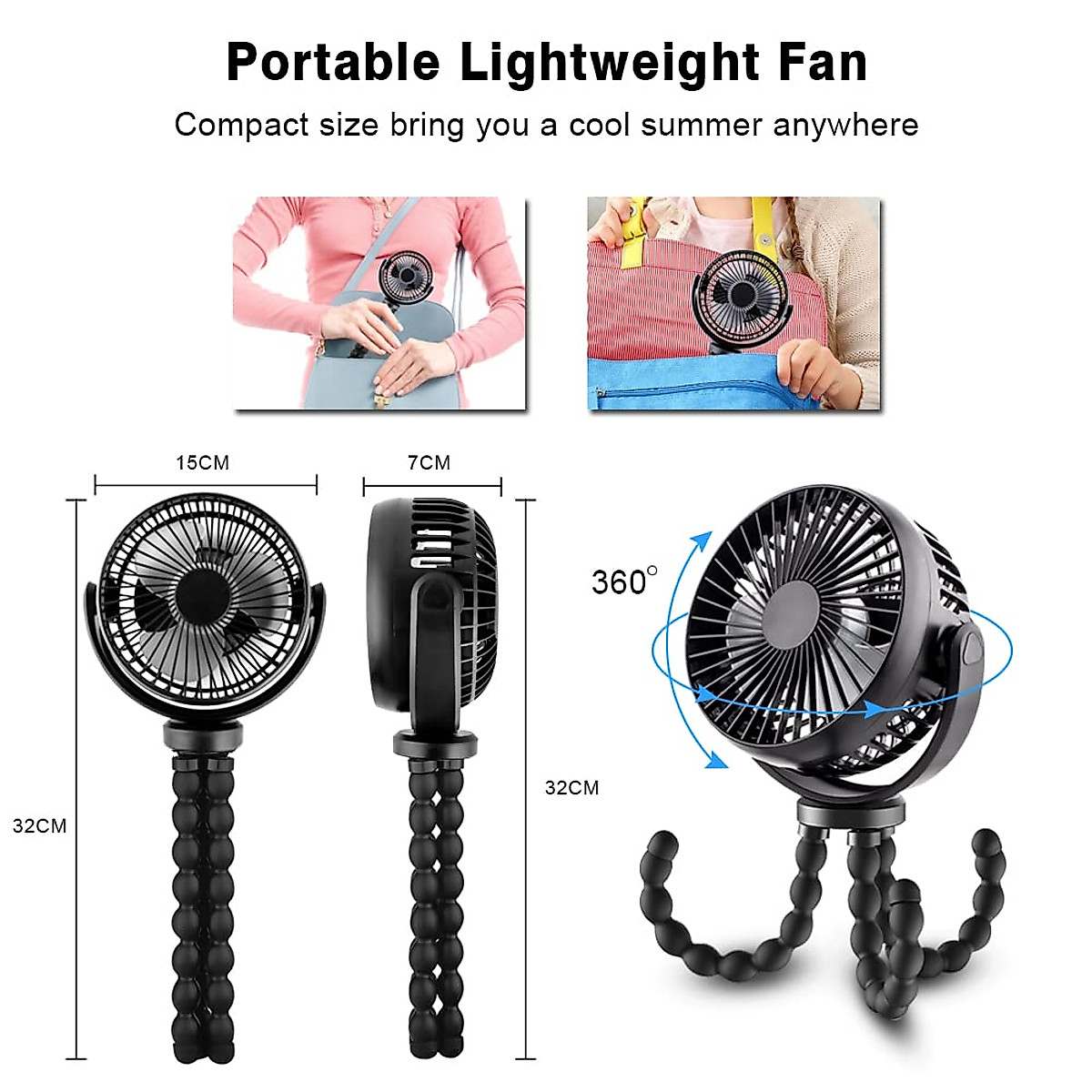 LICHTEE Battery Operated Baby Stroller Fan ,Portable Small Personal Fan, Rechargeable USB Desk Fan with Charging your Phone Three-speed Adjustment Clip on for Stroller Car Seat/Kitchen/Umbrella/Desk/Golf Cart