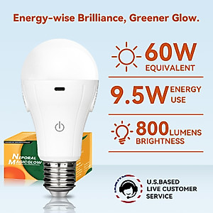 Neporal MagicGlow Rechargeable Light Bulbs with Remote, 3 Colors Shift + Dimmable Battery Powered Light Bulbs, USB Rechargeable, A19 Standard Emergency LED Light Bulbs, 15W, Up to 24 Hours, 2 Pack