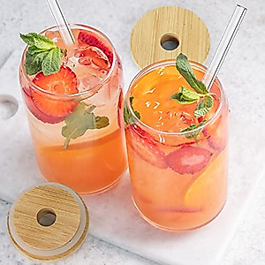 BESTBEL 4 Pack Drinking Glasses with Bamboo Lids and Glass Straws,20 OZ Can Shaped Glass Cups,Beer Can Glass,Ice Coffee Cups,Smoothie Cups,Glass Tumblers,Boba Cups,Soda Can Glass with Lids and Straws