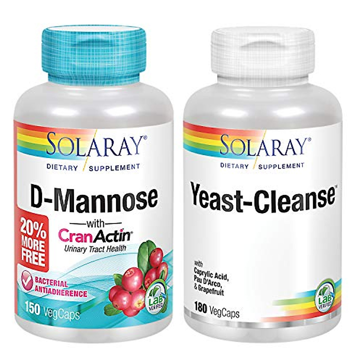 SOLARAY D-Mannose w/ CranActin Cranberry Extract 1000mg & Yeast-Cleanse Bundle | Healthy Cleansing Support | 150, 180ct