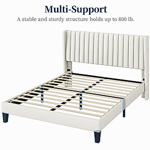 Yaheetech Queen Bed Frame Upholstered Platform Bed with Fabric Headboard, Wing Edge Design/Non-Slip and Noise-Free/Wooden Slats Support/No Box Spring Needed/Easy Assembly, Beige Queen Bed
