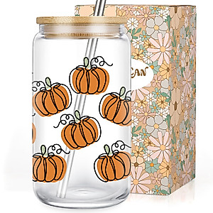 LEADO Fall Pumpkin Cup, Halloween Iced Coffee Cup, 16 oz Aesthetic Cute Glass Cups with Lids and Straws, Thanksgiving Tumbler Mug - Fall Gifts, Halloween Boo Basket Gifts for Women, Her, Adult