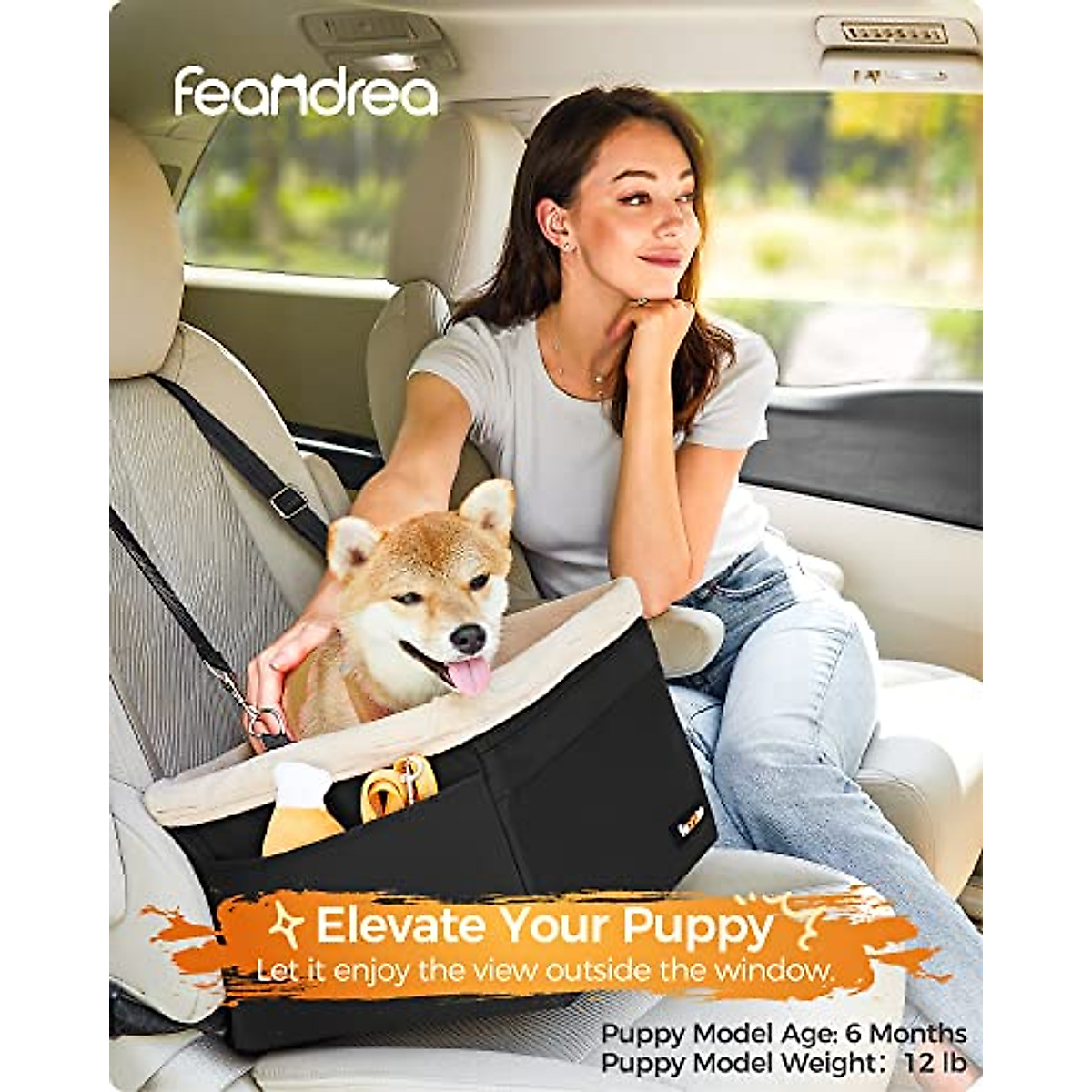 Feandrea Dog Car Seat, Pet Booster Seat for Small Dogs up to 18 lb, with Adjustable Straps, Removable Washable Fleece Liner, 4 Pockets, for Front Seats, Back Seats, Black and Beige UPBS042B01
