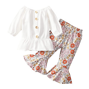 Aimaopao Baby Girl Floral Clothes Set Toddler Girls Long Sleeve Tops and Pants Kids 2Pcs Outfits Clothing (Buttons&Flowers, 4-5T)