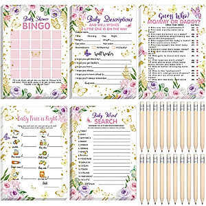Sinmoe 145 Pieces Baby Shower Games 5 Games Set Baby Shower Games Activities with 20 Pencils Funny Baby Shower Games Include Baby Descriptions and Wishes, Guess Who, Bingo Game(Butterfly)