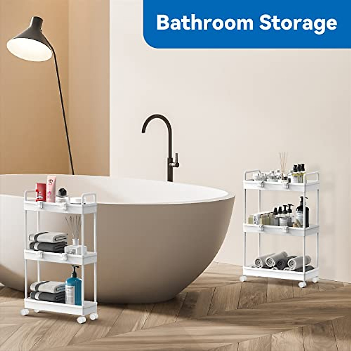 2 Pack 3 Tier Slim Storage Cart, Bathroom Organizer Laundry Room Organization Mobile Shelving Unit Slide Out Rolling Rack with Wheels for Kitchen Garage Office Small Apartment Narrow Space