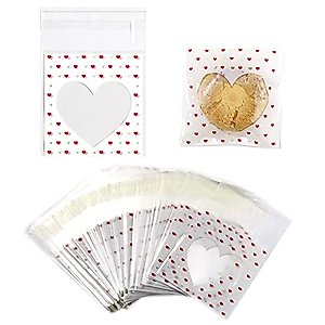 FAZHBARY 200 PCS Valentine Cellophane Bags Heart Mini Cookie Bags Self Sealing Cellophane Bags for Candy Bakery Supplies