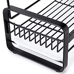 JUXYES Stainless Steel Sponge Holder with Dishcloth Drying Rack, Kitchen Sink Organizer Caddy Tray Sponge Brush Soap Holder with Removable Drain Tray for Kitchen (L, Black)