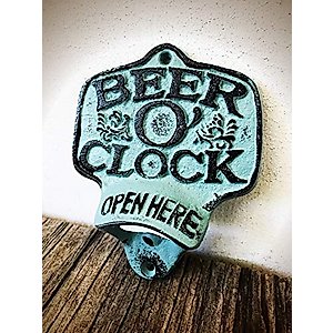 Rustic Patina Beer O Clock Wall Mount Bottle Opener – Durable Cast Iron – Unique Bar Décor – Men’s Stocking Stuffer