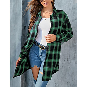 Zontroldy Womens Button Down Flannel Plaid Shirts Mid Long Casual Boyfriend Buffalo Pockets Shirt Jacket Shacket Coat(0909-Green-XL)