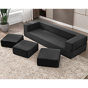 PUREMIND Folding Velvet Sofa Bed with 3 Ottomans, Convertible Floor Sofa, Foldable Sleeper Foam Bed, Comfy Futon Couch with Foam Mattress for Home Apartment Office and Dorm - Dark Gray