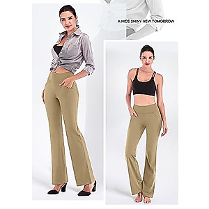 IUGA Bootcut Yoga Pants with Pockets for Women High Waist Workout Bootleg Pants Tummy Control, 4 Pockets Work Pants for Women Khaki