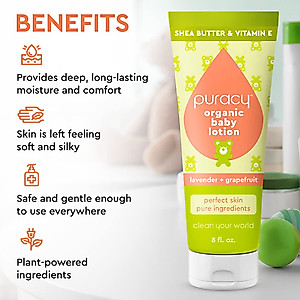 Puracy Organic Baby Lotion, Organic Eczema Moisturizer for Infants and Newborns, Natural Kids Body Lotion for Sensitive Skin, Gentle Calming Lavender & Grapefruit Essential Oils, 8 Ounce