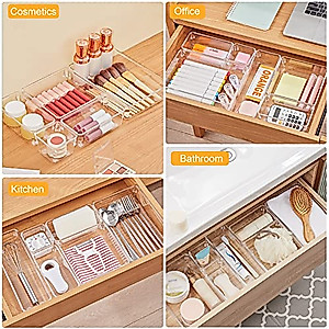 SMARTAKE 13-Piece Drawer Organizers with Non-Slip Silicone Pads, 5-Size Desk Drawer Organizer Trays Storage Tray for Makeup, Jewelries, Utensils in Bedroom Dresser, Office and Kitchen, Clear