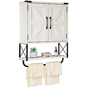 RUSTOWN Farmhouse Medicine Cabinet with 2 Barn Door, Wood Wall Mounted Storage Cabinet with Adjustable Shelf and Towel Bar, 3-Tier Bathroom Cabinet for Bathroom, Living Room(Vintage White, Medium)