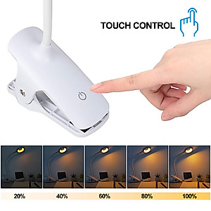 Clip-on Reading Light for Bed - Amber Book Read Light Rechargeable 5 Brightness Desk Light Clamp Lamp, Touch Control Dimmable Lamp with Flexible Neck, Gentle Night Light(White)