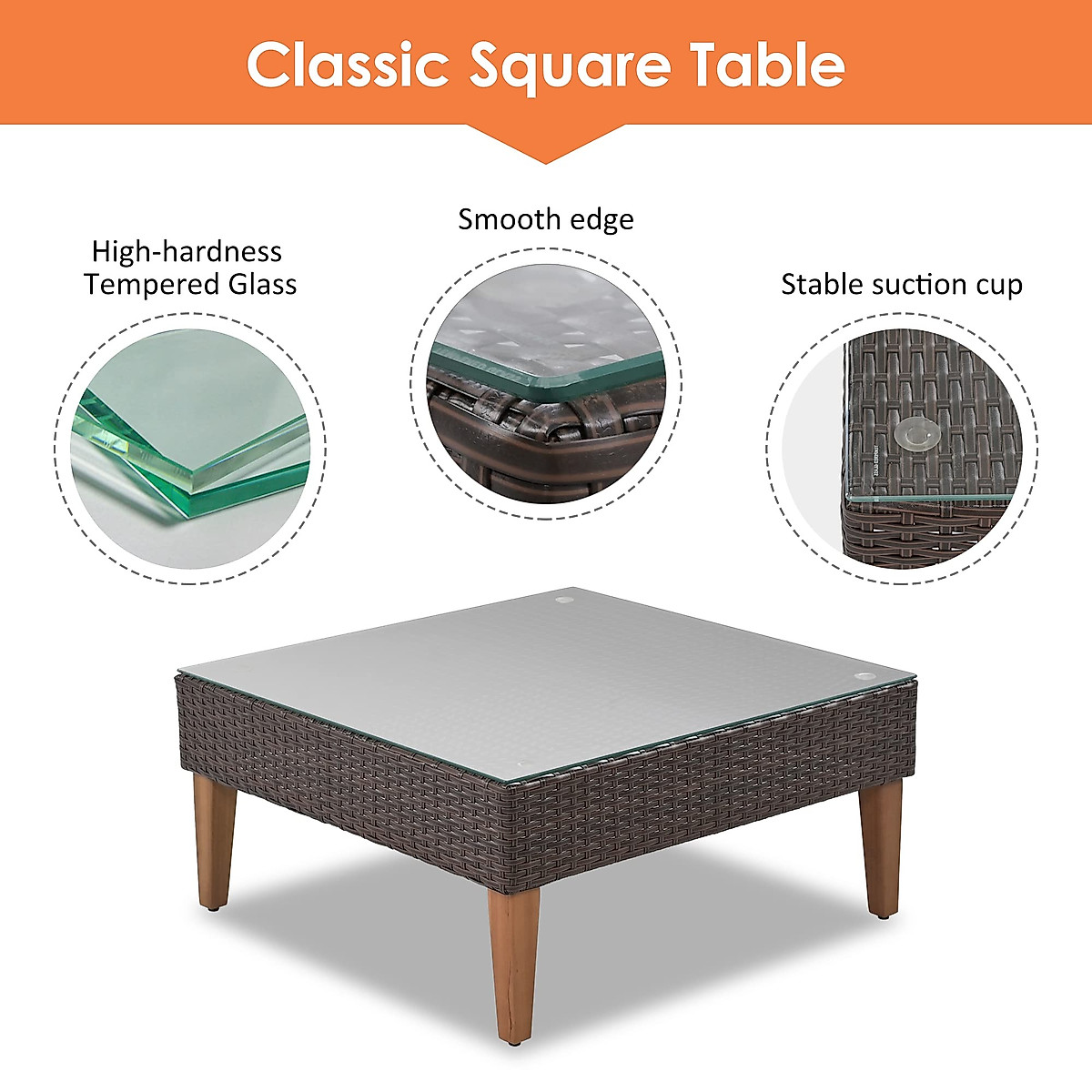 4-Pieces Outdoor PE Wicker Sofa Set with Coffee Table, L-Shape Patio Sofa Set with Colorful Pillows and Solid Wood Legs, All Weather Rattan Waterproof Conversation Seat (Brown+Beige)