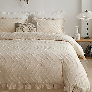 BAHALDEN Boho Duvet Cover Queen Size, Breathable Soft Tufted Duvet Cover Zipper Closure, Ruffle Farmhouse Bedding Embroidery Wavy Stripe, Cream Beige 90x90 inches and 2 Pillowcases