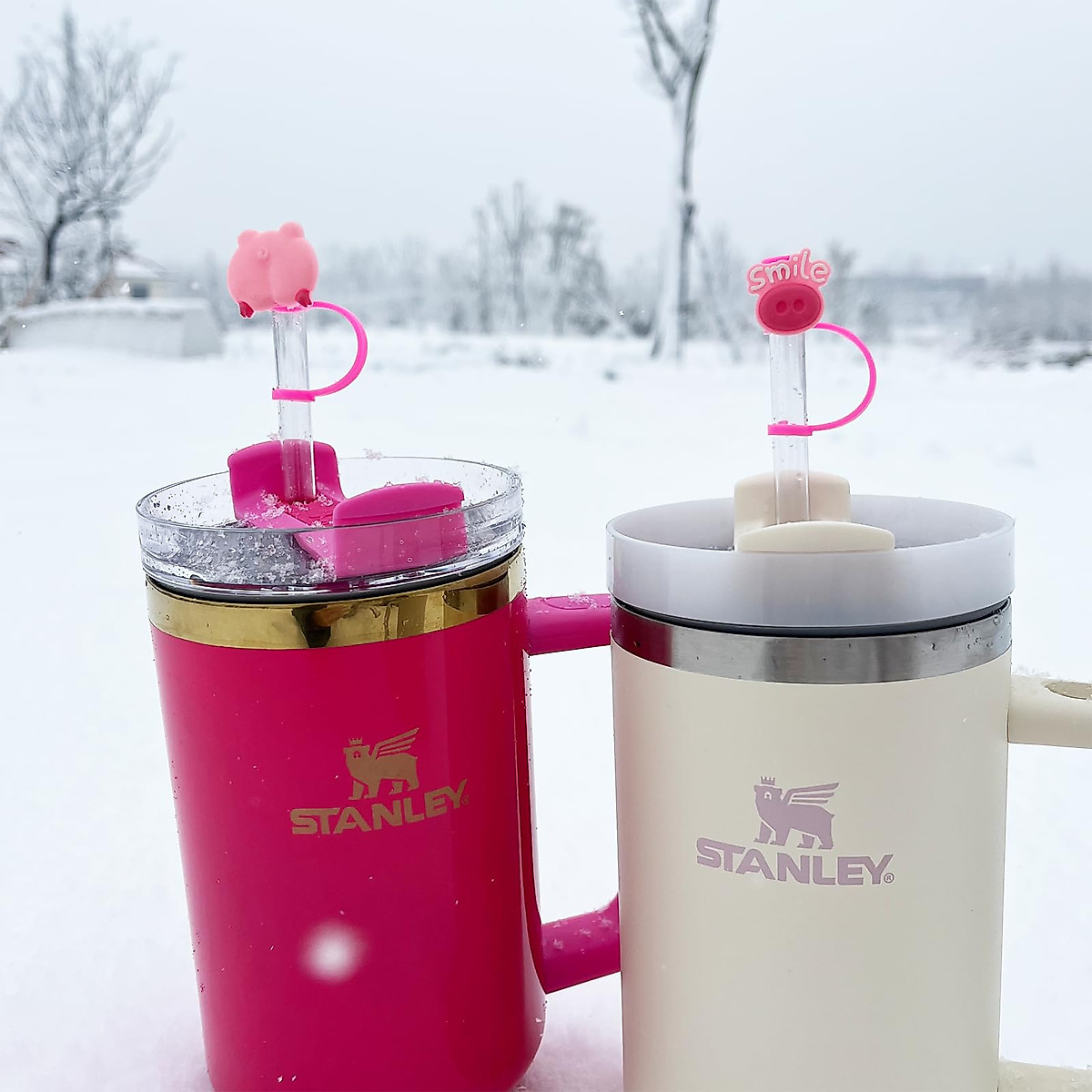 Amreich Cute Pig Straw Cover Cap for Stanley Cup, 4 PCs Pink Straw Toppers Dust-proof Silicone Straw Cover for Water Bottle 30 40 Oz Tumblers Accessories for Home Office Use